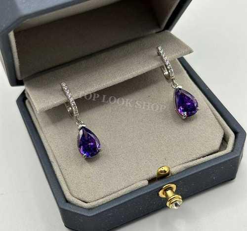 Фиолетовые серьги капли серебро 925