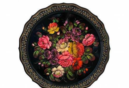 Поднос жостовский Цветы на черном (круг бо (16194)
