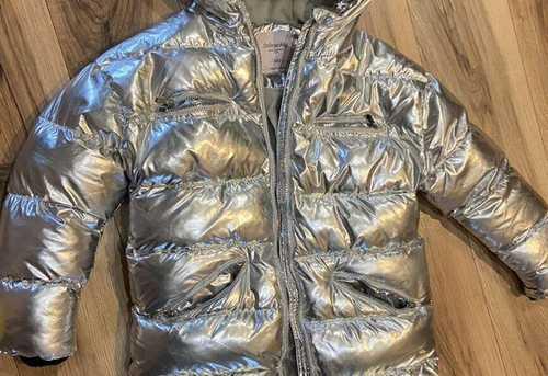 Зимний пуховик пальто 140 флис серебро