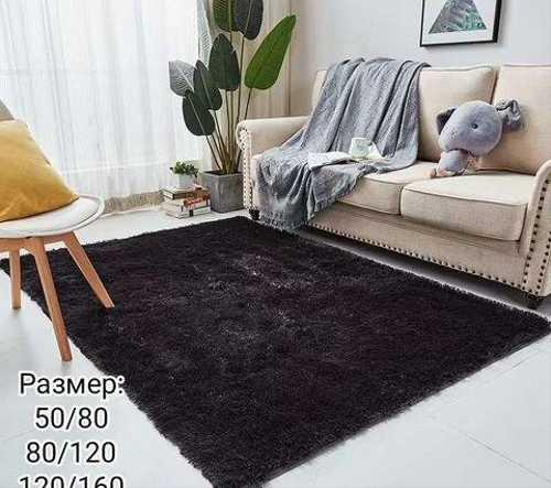 Новый чёрный Меховой ковёр в гостиную 120*160