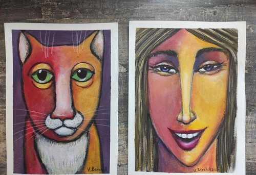 Картины. Две работы женщина и кот