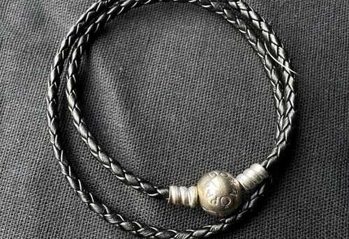 Кожаный браслет Pandora с серебром