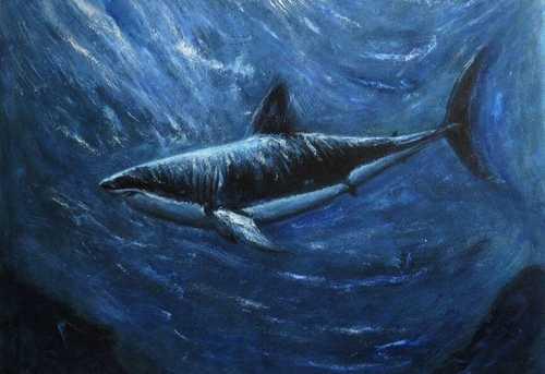 Акула большая интерьерная картина маслом синяя