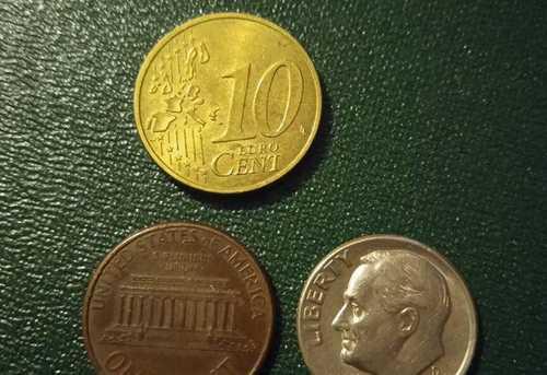 10евро-цент2002 г,один цент1997 г,один дим1985