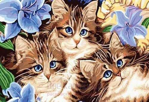 Алмазная мозаика 30x40 Три котеночка в цветах