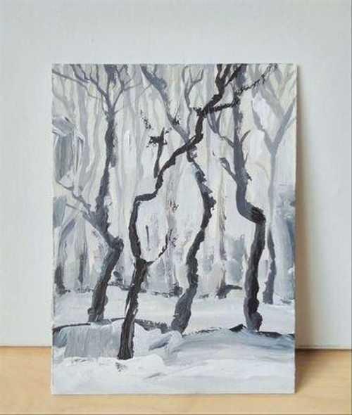 Картина зима деревья маленькая черно белая акрил