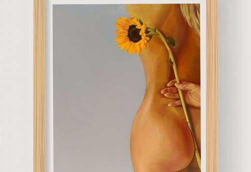 Картина маслом обнажённая девушка с подсолнухом