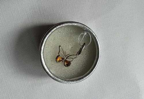 Новый серебряный кулон с янтарем «Бабочка»