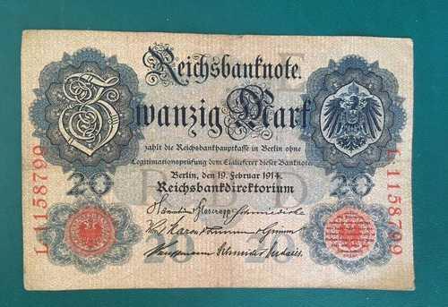 Купюра 20 немецких марок 1914г