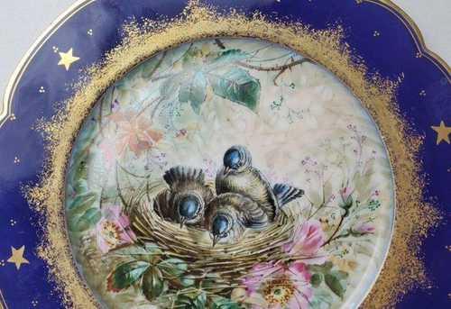 Антикварная тарелка с цветами и птицами Limoges