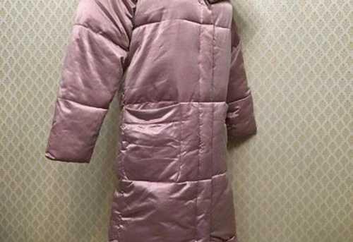 Пальто теплое макси с карманами цвета пыльной розы