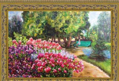 Картина маслом на холсте пейзаж с цветами