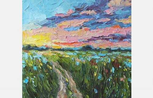 Картина маслом цветущее поле, пейзаж 15х15 см