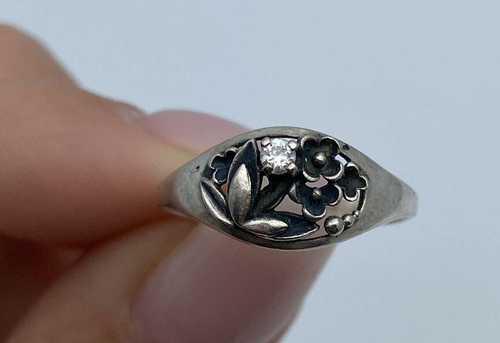 Кольцо серебро 875 СССР цветочки фианит