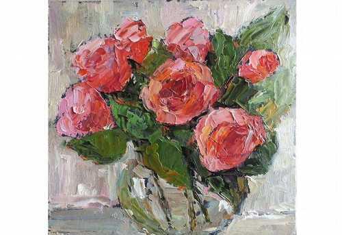 Картина маслом розы в вазе, цветы 20х20 см