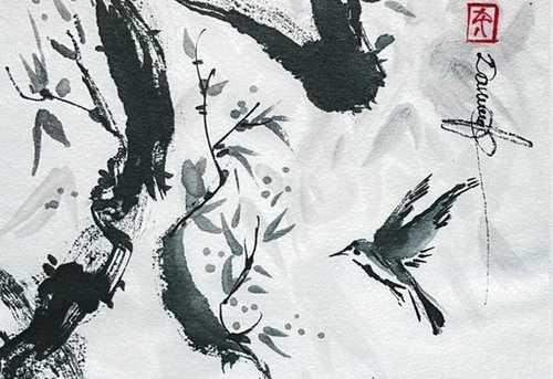 Японская живопись, картина суми-э, птица на дереве