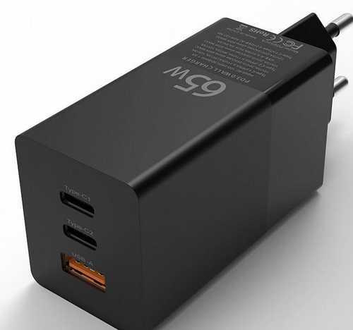 Сзу Dismac Power Adapter GaN 65W USB, 2 Type-C, Черный