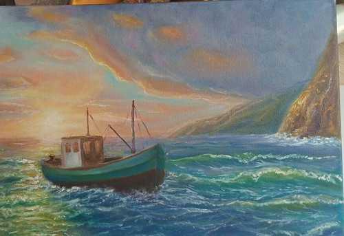 Картина маслом Морской пейзаж. Рыбацкий баркас