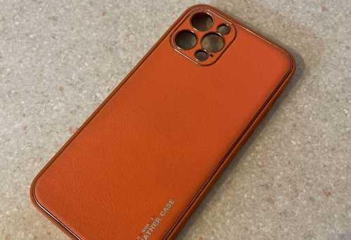 Оранжевый кожаный чехол на айфон 12 про