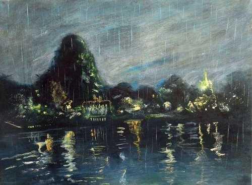 Картина маслом пейзаж вечерний дождь огни