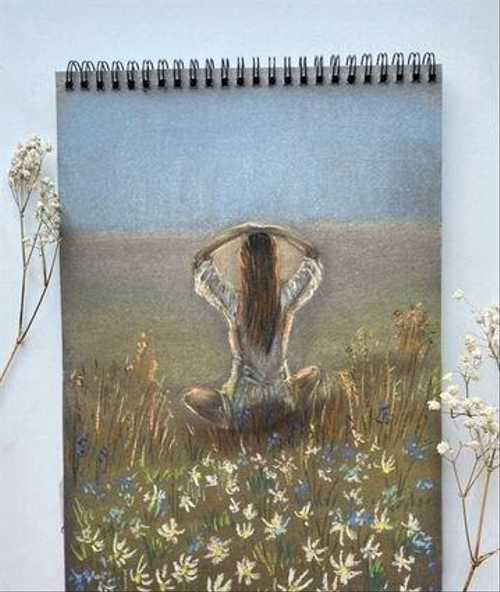 Картина пастелью девушка в ромашках
