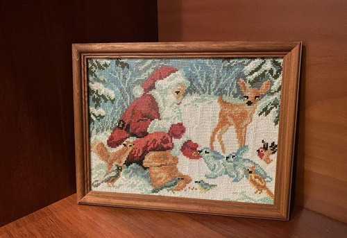 Картина с вышивкой "Дед Мороз в лесу"