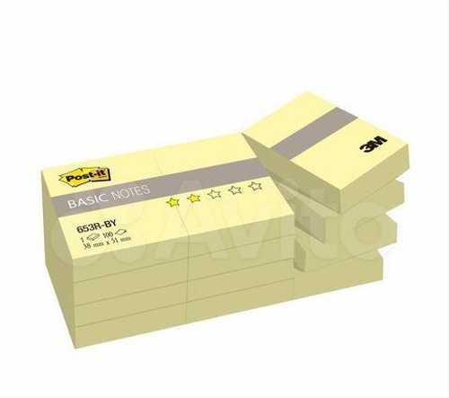 Блоки самоклеящиеся (стикеры) Post-it Basic, комплект 12 шт, 38х51 мм, 100 л, желтые (653R-BY)