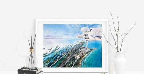 «Вверх» картина в интерьер акварель /Полет Самолет