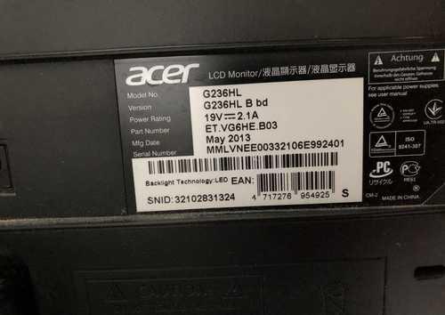 Монитор Acer g236hl 23”