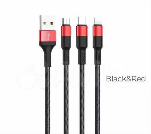Кабель USB 3в1 microusb-Apple 8Pin-Type-C hoco X26 Xpress черно-красный