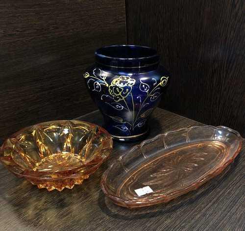 Конфетница, селёдочница и ваза Цветное стекло
