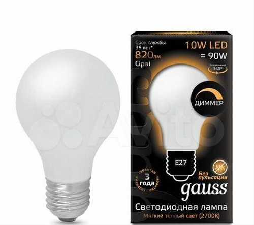 Лампа Gauss LED Filament A60 opal dimmable E27 10W 820lm 2700К 1/10/40