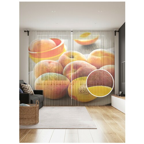 Тюль, фототюль длинный JoyArty "Персики на тарелке" высота 265 см, ширина 145 см (2 полотна) на шторной ленте, крючки в комплекте