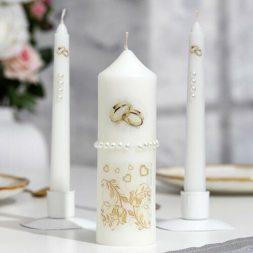 Мастерская «Свечной двор» Набор свадебных свечей с бусинами "Обручальные кольца", белый, ручная работа, микс