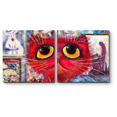Модульная картина Красный кот гуляет по галерее 120x60