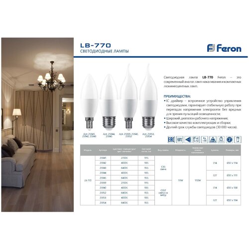 Лампа светодиодная LED 11вт Е14, дневной матовая свеча на ветру | код. 25952 | FERON (4шт. в упак.)