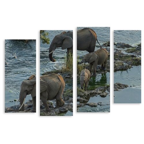 Модульная картина на холсте "Слоны на водопое" 120x85 см