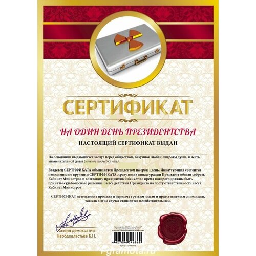 Сертификат подарочный "На один день президентства" А4. Сертификат шуточный, мелованный картон