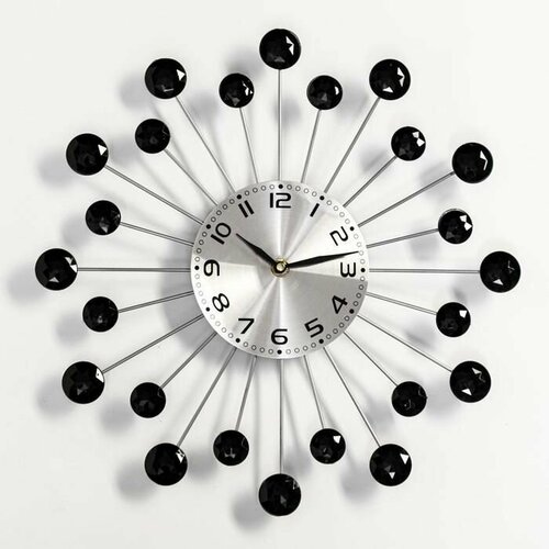 Часы настенные, форма круглая, плавный ход, d-34 см, циферблат 12 см, цвет серебро с черным