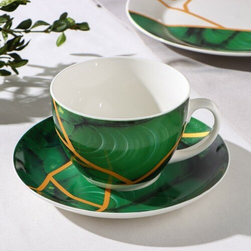Доляна Чайная пара фарфоровая Доляна «Малахитовая шкатулка», 2 предмета: чашка 250 мл, блюдце d=15 см, цвет зелёный