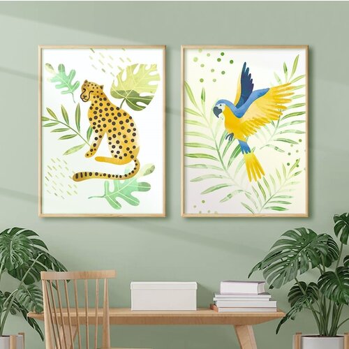 Набор постеров "Животные в джунглях" 40x50 без рамки 2 шт в тубусе / Картины для интерьера / Плакаты / Постеры на стену