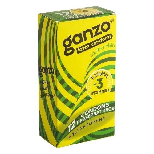 Презервативы Ganzo Ultra thin, ультратонкие, латекс, 18 см, 12 шт + 3 шт