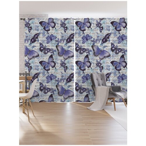 Шторы под лён JoyArty "Синие бабочки", серия Oxford DeLux, 340х265 см