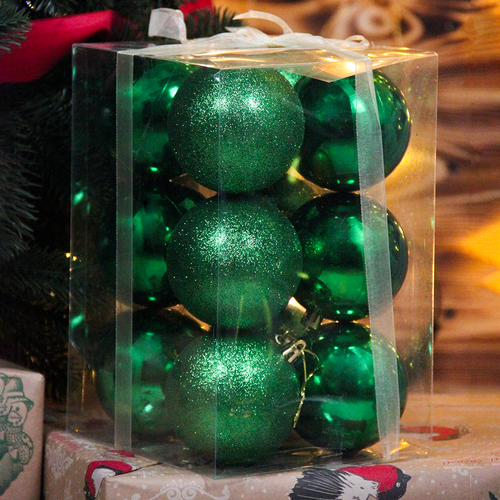 Набор шаров на елку темно-зеленый 12шт 8см