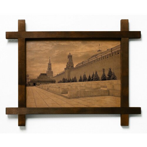 Картина Кремлёвская стена, гравировка на натуральной коже, интерьерная для украшения и декора на стену в деревянной раме, подарок, BoomGift