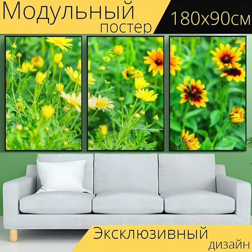 Модульный постер "Цветущий сад, цветы, сад" 180 x 90 см. для интерьера