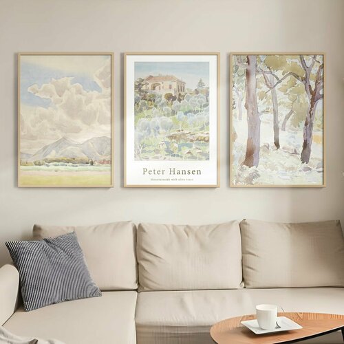Плакат Постер 3 шт 30х40 без рамки "Оливковые деревья на холмах" набор картин для интерьера