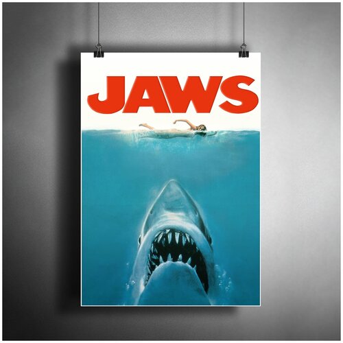 Постер плакат для интерьера "Фильм: Челюсти. Акулы. The JAWS" / Декор дома. Подарок другу. A3 (297 x 420 мм)