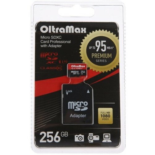 Карта памяти OltraMaх microSD, 256 Гб, SDхC, UHS-1, класс 10, с адаптером SD