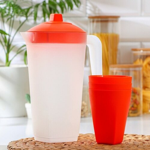 SparkPlast Набор для напитков пластиковый, 4 предмета, Кувшин 2 л, 3 стакана 500 мл, 20×12×26 см, цвет оранжевый
